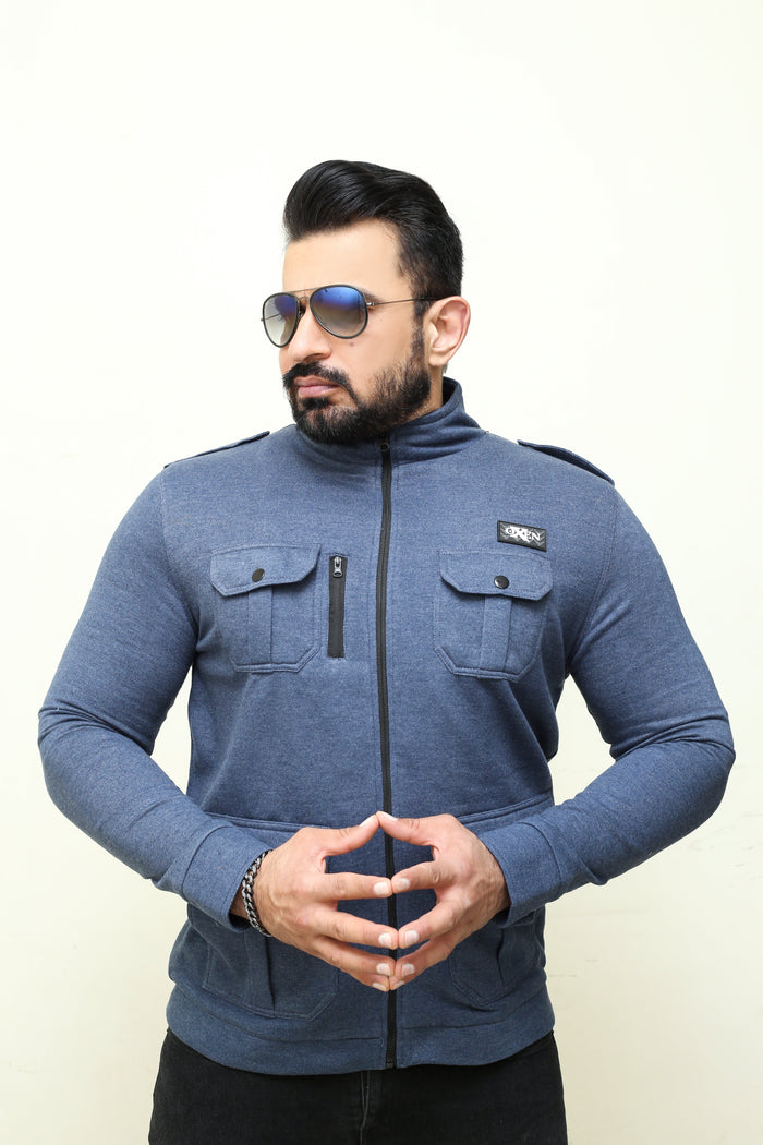 Premium Four Pocket Full Sleeve Blue Milange Jacket # 09